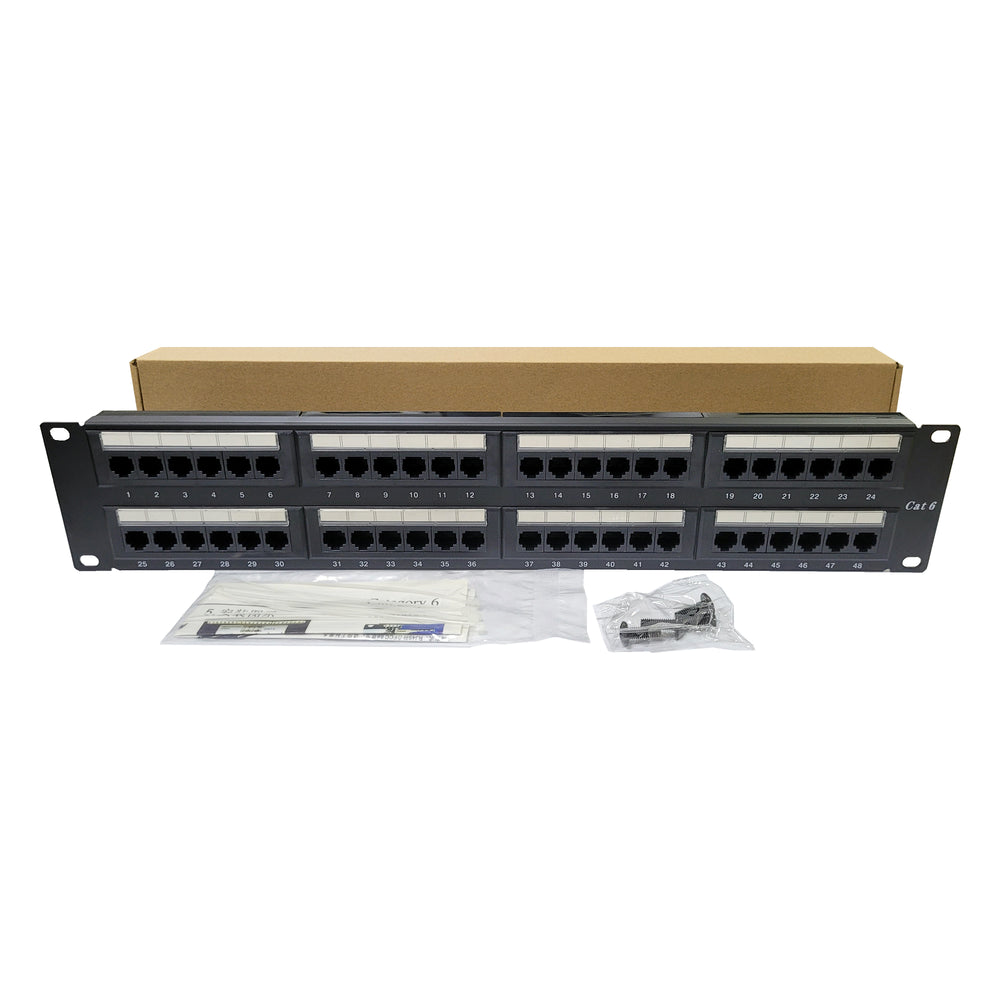 19" 2U 48 Port Cat6 Rack Mount Patch Panel - Full Loaded